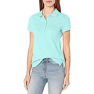 Nautica Women's 5-Button Short Sleeve Breathable 100% Cotton Polo Shirt, Aruba Blue, Large