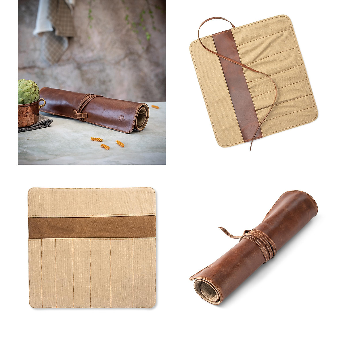 Angus Stoke premium leather Knife Roll Bag - Storage and Protection for Chef Knives, 7 Slots and 1 Zipper Pocket, genuine Buffalo Leather Case Nils (Mahogany)