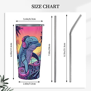 Buewutiry Hip-Hop DJ Dolphin Tumbler with Lid and Straw, Cute 20 Oz Stainless Steel Insulated Tumbler Water Bottle Cup, Travel Coffee Mug Personalized Tumbler