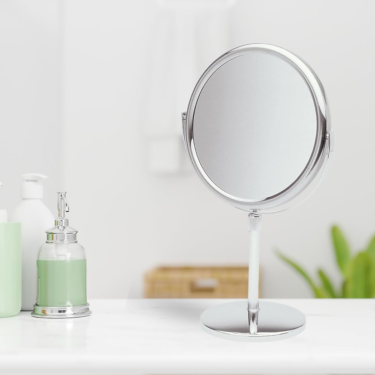 JERDON Two-Sided Tabletop Makeup Vanity Mirror - 5X-1X Magnification & Swivel Design - 9-Inch Diameter Mirror with Adjustable Height - Polished Chrome Finish - Model JP4045C