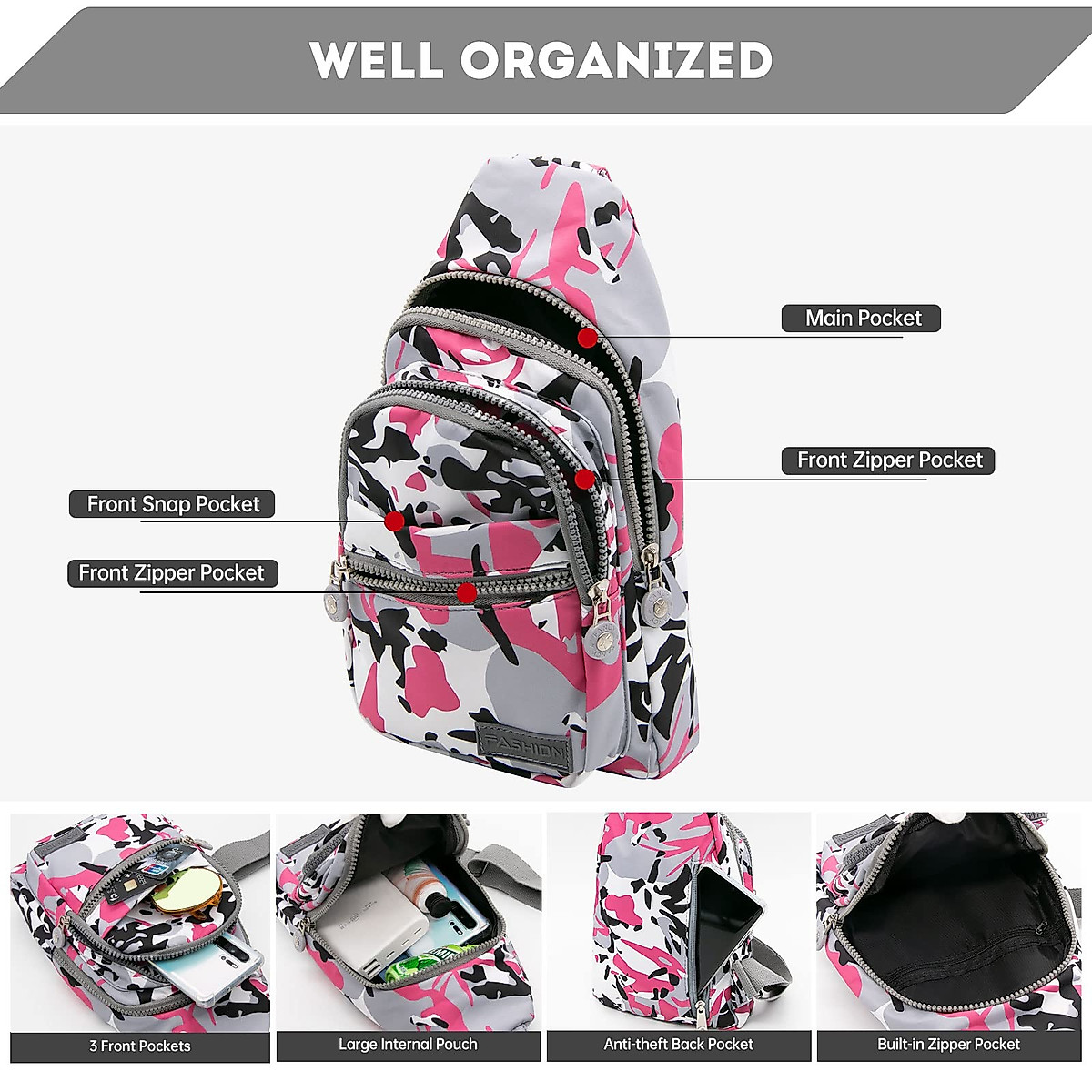 Long Keeper Sling Chest Bag - Women Men Waterproof Crossbody Backpack Traveling Running Hiking Shoulder Daypack Bag (Color(Pink White Grey))
