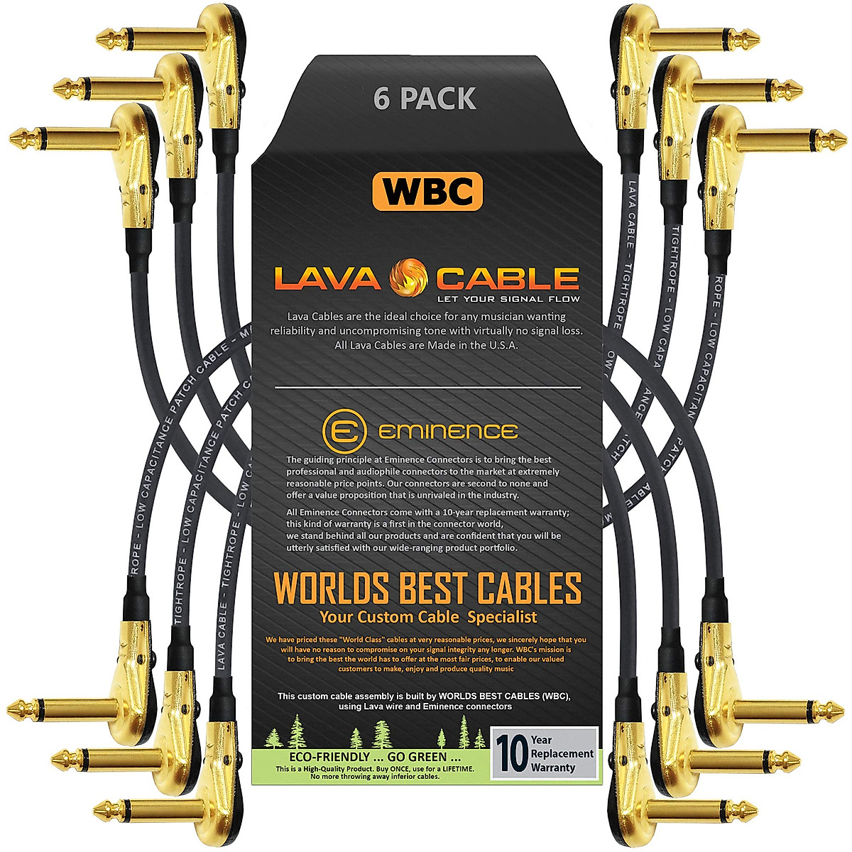 6 Units - Lava Tightrope (Black) - 9 Inch - Guitar Bass Effects Instrument, Patch Cable with Premium Gold Plated ¼ Inch (6.35mm) Low-Profile, Right Angled Pancake type TS Connectors