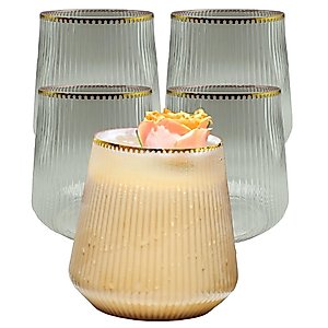 36 Count Origami Ripple Unbreakable Stemless Plastic Wine Champagne Whiskey Glasses Elegant Durable Disposable Indoor Outdoor Ideal for Home, Office, Bars, Wedding, Ribbed 12 Ounce Cups (Gold Rim)