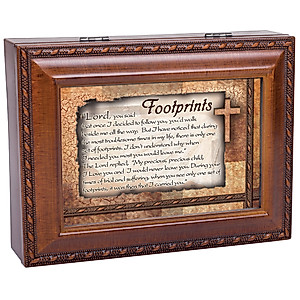 Cottage Garden Footprints Inspirational Woodgrain Rope Trim Music Box Plays Amazing Grace
