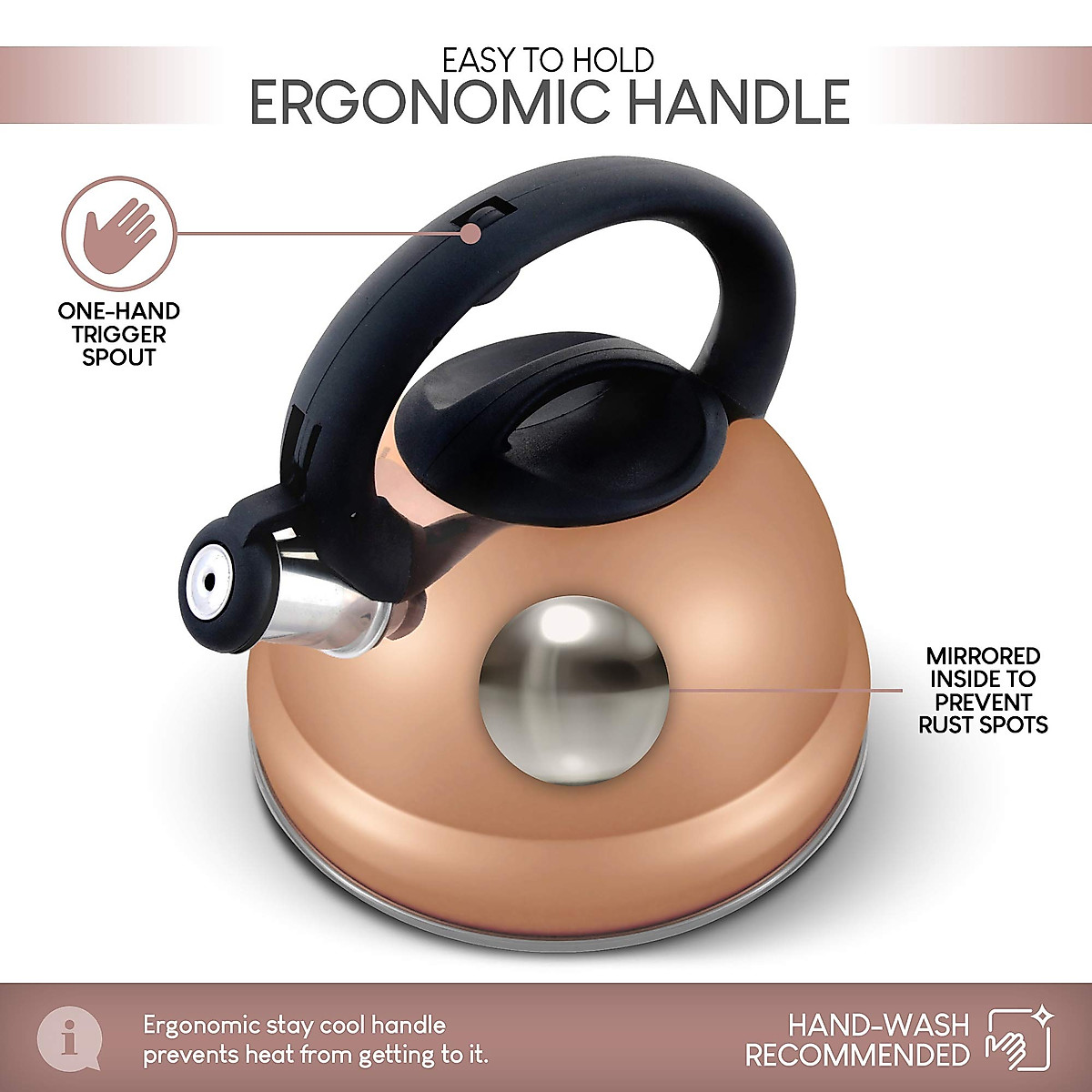 ELITRA HOME Whistling Tea Kettle Stainless Steel Tea Pot for Stovetop with Stay Cool Handle 3.1 Quart / 3 Liter Rose Gold