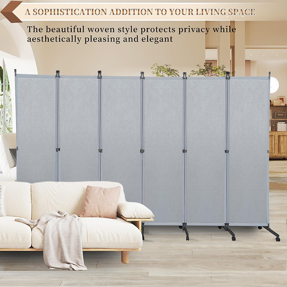 Room Divider Screen Wide Room Divider Panel/Wheels, Decorative Divider for Room Separation, 6 Panel Portable Wall Divider Freestanding Room Partitions and Dividers, Grey Room Separator for Studio