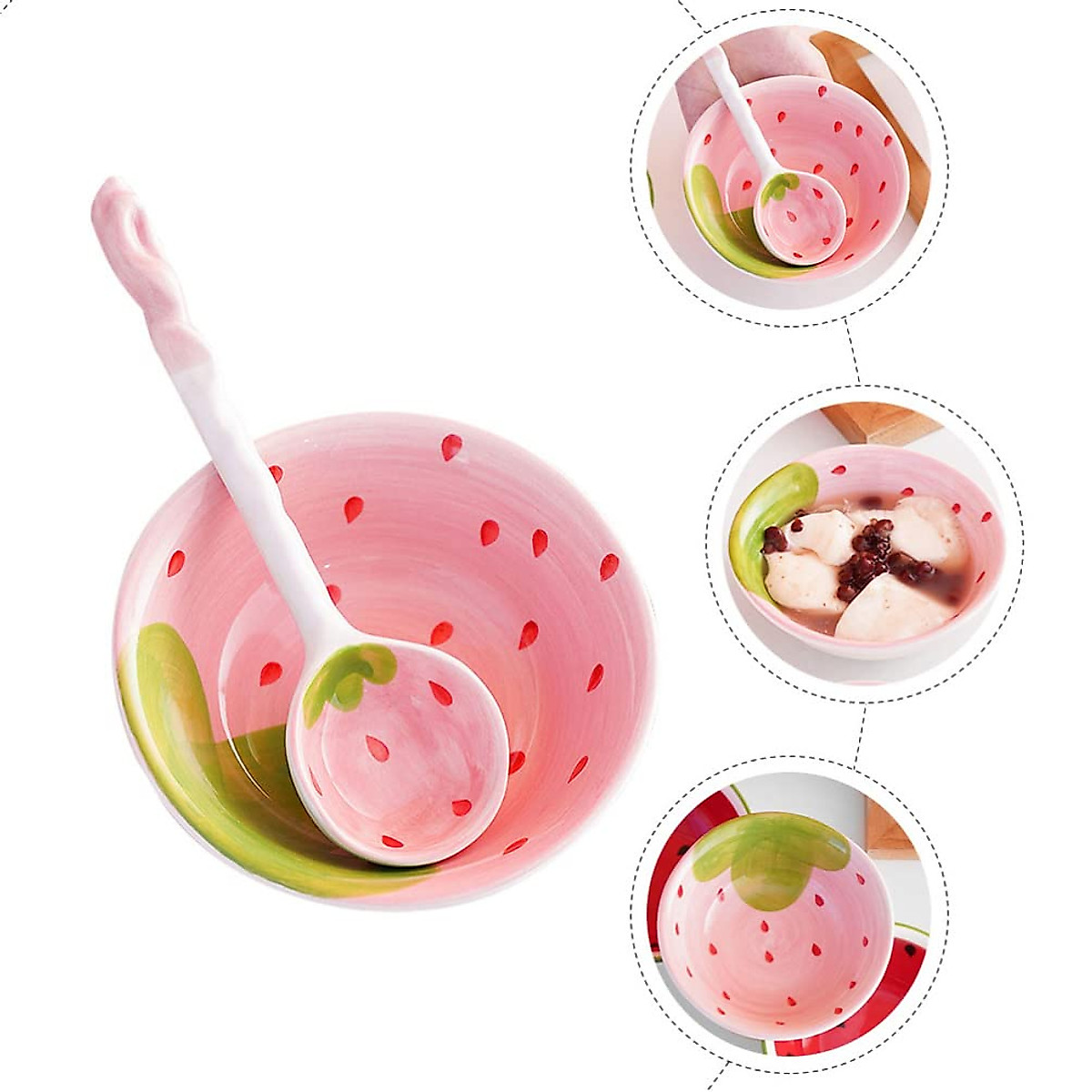 UPKOCH 1 Set Dessert Bowl and Spoon Strawberry Shaped Serving Bowls Ceramic Salad Bowls Kitchen Mixing Bowls Fruits Dish for Cereal Pasta Snack Appetizer Kids Food Container