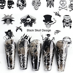 UARUOGP 25 Sheets Halloween Water Transfer Nail Stickers Nail Art Decals,10 Sheets Punk Skull Nails Foil Transfer Stickers,Grimace Skull Eye Spider DIY Decals for Halloween Party(35 Pcs)