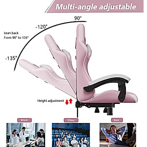 Bigzzia Pink Gaming Chair, Reclining High Back PU Leather Office Desk Chair with Headrest and Lumbar Support, Adjustable Swivel Rolling Video Game Chairs Ergonomic Racing Computer Chair