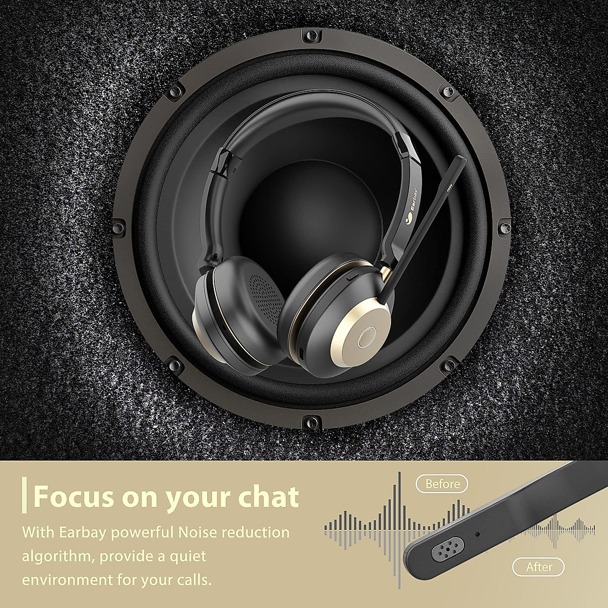 Earbay Bluetooth Headset, Wireless Headset with Microphone for PC, Wireless Headphones with Mic Noise Cancelling/Mute/Charging Dock/USB Dongle, 45hrs Dual Connect Computer Phones Teams Skype Zoom