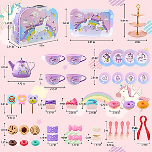 Motiloo 48Pcs Tea Set for Little Girls,Kids Pretend Toy Tin Tea Set and Carrying Case,Rainbow Magic Unicorn Design for Girls Princess Boys 3-6