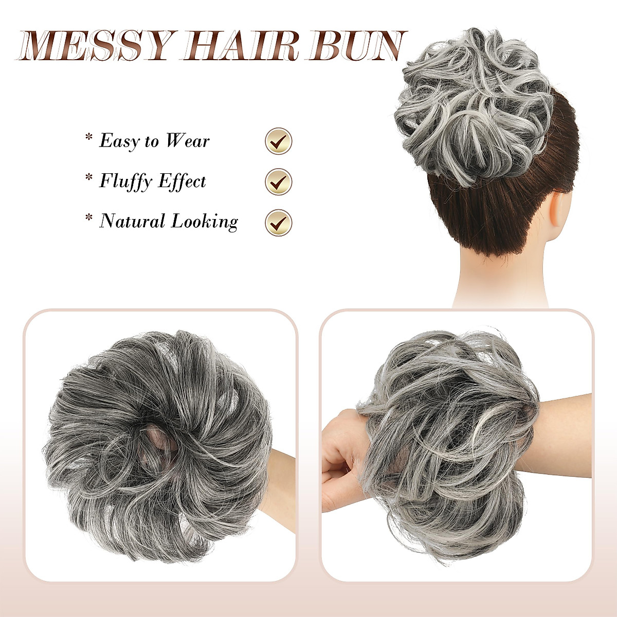 FESHFEN Messy Bun Hair Piece - Large Wavy Curly Elastic Hair Bun Scrunchies Ponytail Extensions Synthetic Chignon Hairpieces for Women, Gray and White Tips 1.94oz