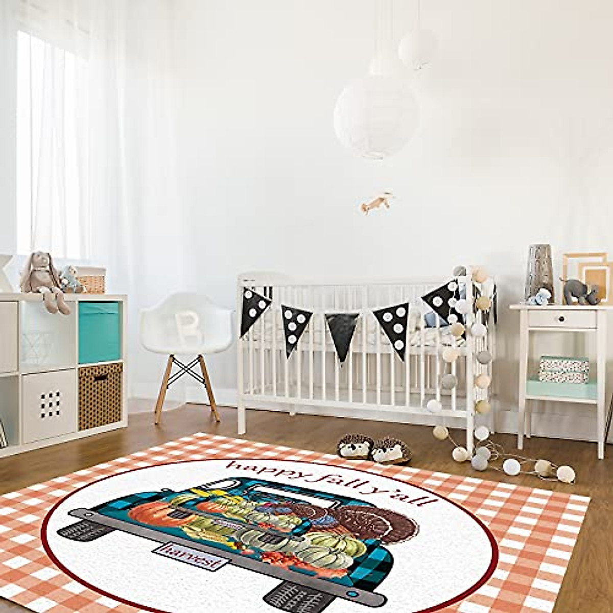 Indoor Area Rugs Thanksgiving Turkey Autumn Pumpkin Truck Non-Slip Floor Mats Orange Grid Rectangular Carpet Soft Washable Rugs for Living Room/Bedroom/Hallway Home Decor - 4x6 Feet