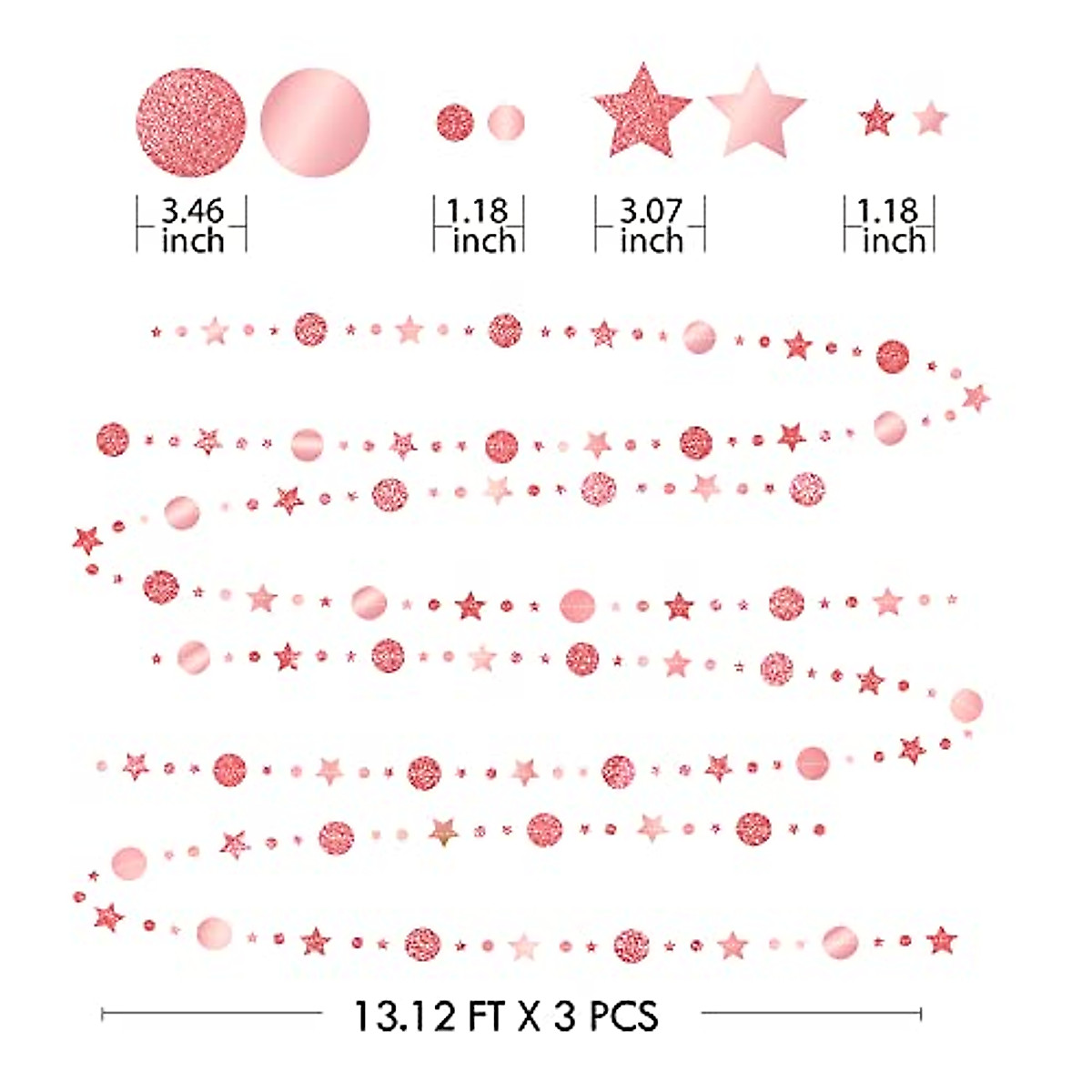 39Ft Circle Dots Garland, Glitter Pink Rose Gold Paper Garland, Star Polka Dot Streamers Backdrop Hanging Banner Party Decorations for Birthday Wedding Engagement Bridal Shower Gruaduation, 3Pack