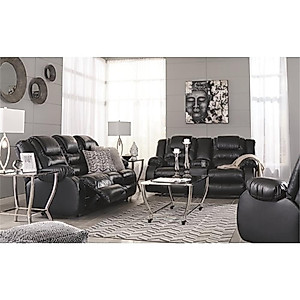 Signature Design by Ashley Vacherie Faux Leather Manual Pull-Tab Double Reclining Loveseat with Center Console, Black