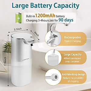 Cheftick Soap Dispenser, Automatic Foaming Soap Dispenser with 4 Adjustable Volume Control, Touchless Rechargeable Hands Free Auto Soap Dispenser for Kitchen, Bathroom, Hotel, Restaurant,13.5oz/ 400ml