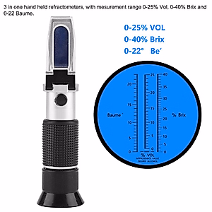 3 in 1 Refractometer, Portable Hand Held Grape and Wine Alcohol Refractometer for restautant, Vineyard, Chateau Wine, Family Dinner 0-25% Vol 0-40% 0-22 Dual Scale