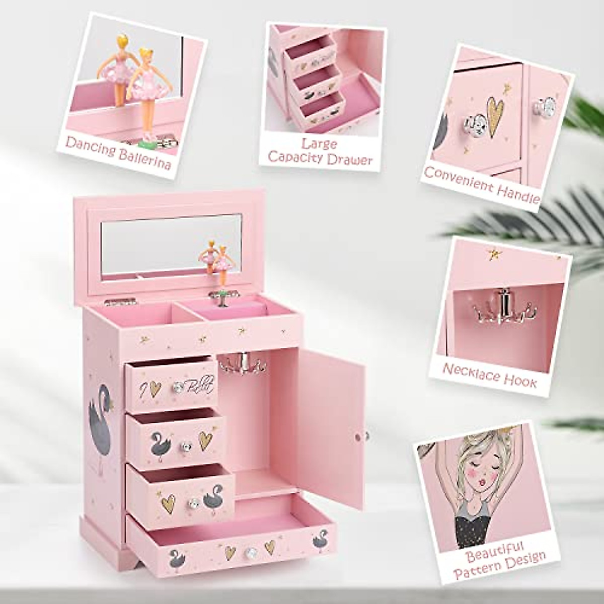 efubaby Large Jewelry Box for Girls 5 Layer Musical Box with Swing Door Spinning Ballerina, Unicorn Jewelry Set Included Jewelry Box Organizer for Girls Kids Jewelry Box Birthday Valentine Gift Pink