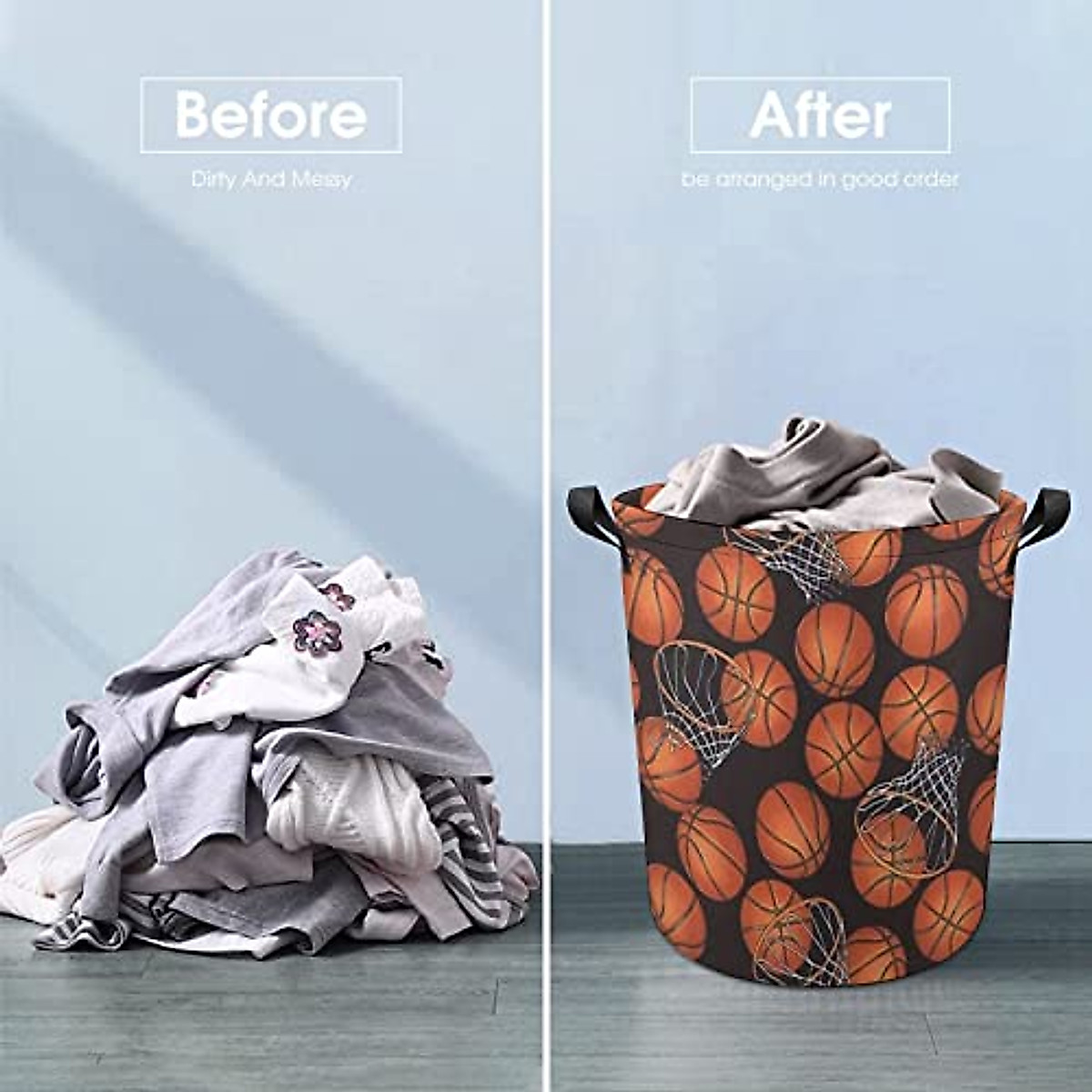 Basketball Sport Large Laundry Basket Hamper Bag Washing with Handles for College Dorm Portable