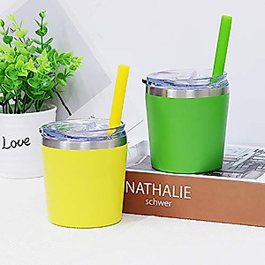 Colorful PoPo Cute Small Stainless Steel Mom and Kids Tumbler, Stackable Toddler Smoothie Cup with Lid and Silicone Straws, Set of 2 (Green Yellow, 8 OZ)