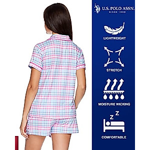 U.S. Polo Assn. Summer Pajamas for Women - Woven PJ Set with Button Up Top and Shorts - Lounge Sets for Women Light Blue, Large