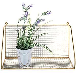 MyGift Metal Mesh Wall Hanging Storage Shelves, Wall-Mounted Gold-Tone Perforated Decorative Shelves, Set of 2
