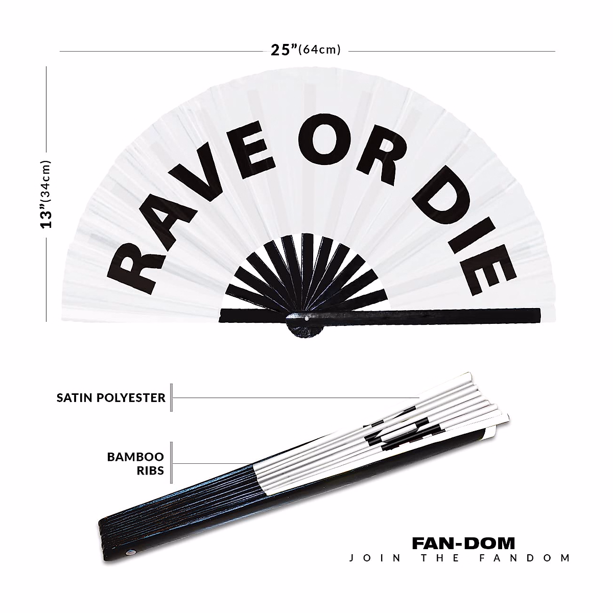 Rave or Die hand fan foldable bamboo circuit hand fan funny gag slang words expressions statement gifts Festival accessories Rave handheld Circuit event fan Clack fans (White)