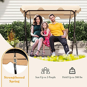 HAPPYGRILL 3-Person Patio Swing Chair, Outdoor Swing Glider with Adjustable Canopy and Removable Cushion, Porch Swing with Stand for Garden and Backyard, (Beige)