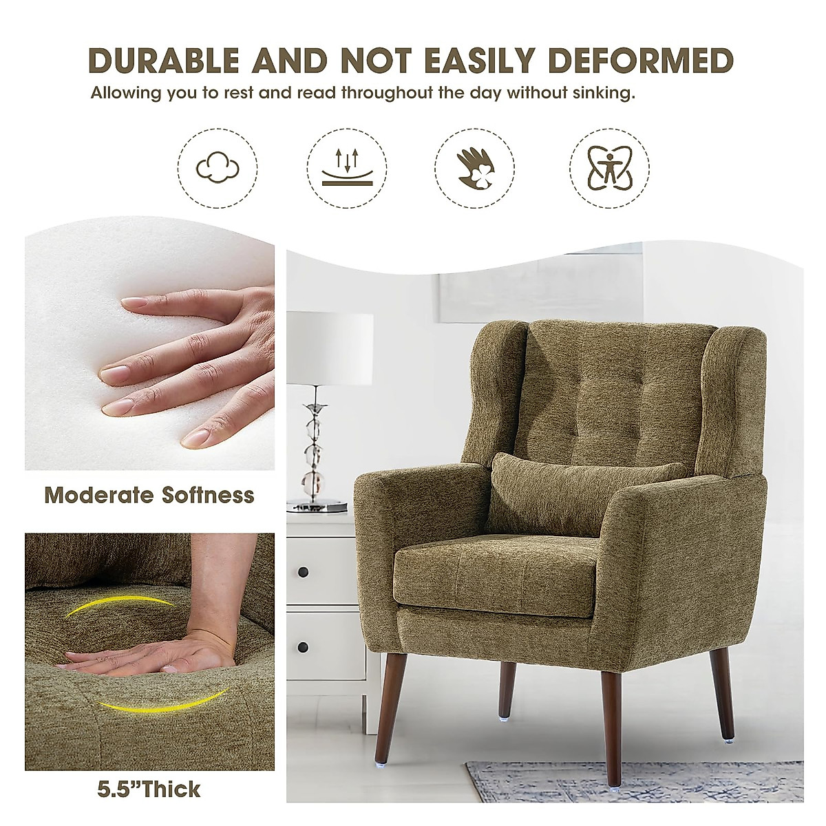 cinkehome Accent Arm Chairs for Living Room, Chenille Upholstered Mordern Armchair, Comfy Soft Padded Lounge Chair in Small Spaces, Bedroom, Pillow, Solid Wood Leg, Olive Green