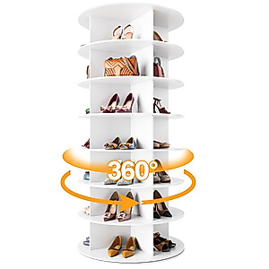 MAGIC UNION Rotating Shoe Rack Tower 7 Tier Organizer, Vertical Spinning Shoe Display Lazy Susan, Revolving 360 White Shoe Rack Storage Round Carousel, Rotate Shoes Closet Organization