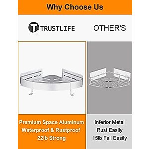 TRUSTLIFE Corner Shower Caddy 2-Pack - Adhesive Corner Shelf with Hooks for Inside Shower, No Drilling & Rustproof Shower Storage Rack for Bathroom, Wall Mount Bathtub Caddy Shelf Organizer - Silver