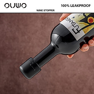 OUWO Wine Bottle Stopper, Wine Stopper with Silicone Wine Toppers Stopper Reusable Wine Saver, Wine Cork Superior Leak-Proof Keeps Wine Fresh Best Gift Accessories, Black 4 pack