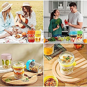Seffora Overnight Oats Containers with Lids and Spoons,6 Pack 16oz Mason Oatmeal Container Jar with Airtight Lids, Large Capacity for Yogurt Chid Pudding Meal Prep Containers