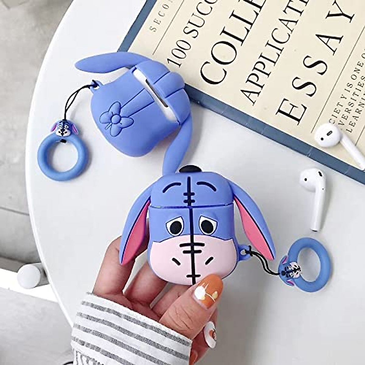 Ultra Thick Soft Silicone Case with Finger Strap for Apple Airpods 1 2 1st 2nd Blue Donkey Eeyore Winnie the Pooh Disney Disneyland Cartoon 3D Cute Lovely Hot Kids Girls Teens Daughter
