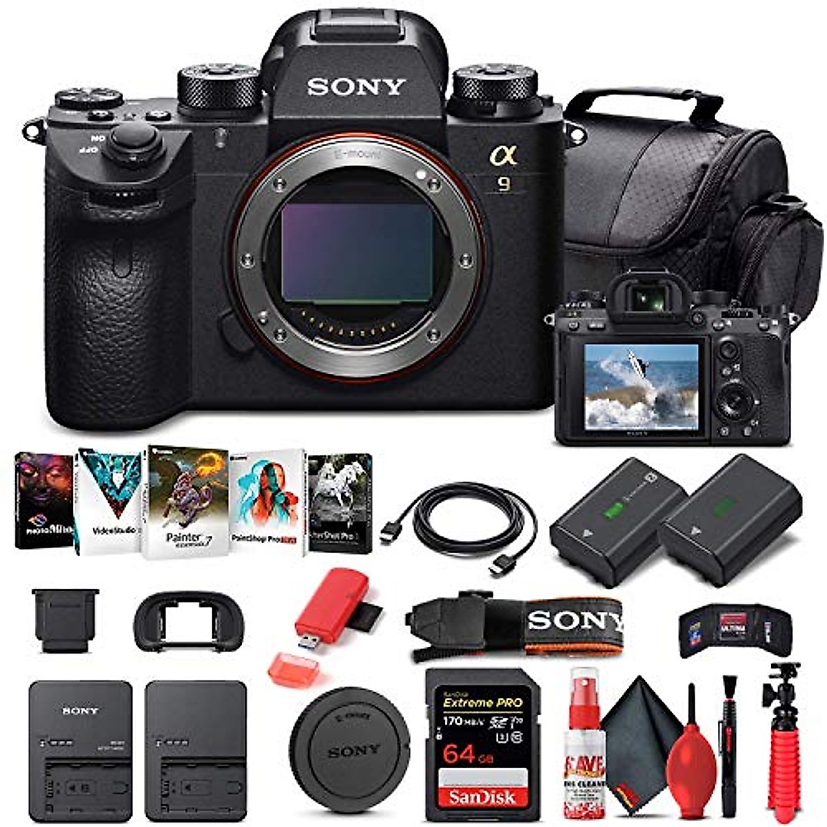 Sony Alpha a9 II Mirrorless Digital Camera (Body Only) (ILCE9M2/B) + 64GB Memory Card + NP-FZ-100 Battery + Corel Photo Software + Case + External Charger + Card Reader + HDMI Cable + More (Renewed)