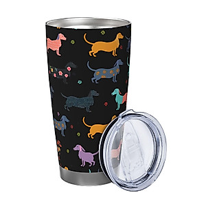 Groamaup 20oz Dachshund Puppy Dog Stainless Steel Insulated Tumbler with Lid and 3pcs Straw Sets, Black Cartoon Car Cup for Cold and Hot Drinks, Coffee Mug for Travel Office and Home Use