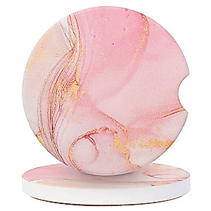 AREAJD 2 Pack Pink Ceramic Car Coasters for Drinks Absorbent 2.56 Inch, Marble/Mandala Car Cup Holder Coaster for Women with Removable Finger Notch, Cute Auto Natural Life Accessories