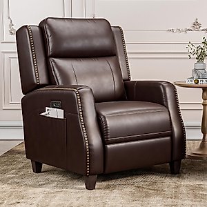 BMBMT Brown Recliner Chair, Genuine Leather Recliner with Retro Rivet Design, High-Density Sponge, Power Recliner Chair for Living Room, Bedroom, Office, Home Theater