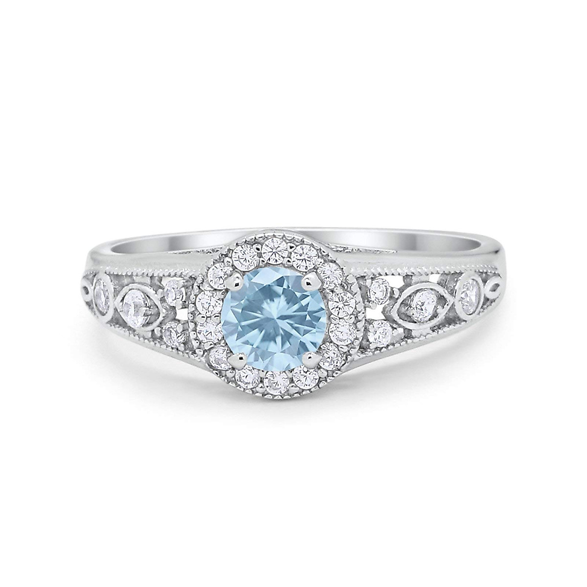 Blue Apple Co. Vintage Style Art Deco Bridal Wedding Engagement Ring Halo Round Simulated Aquamarine Cubic Zirconia 925 Sterling Silver Size-8