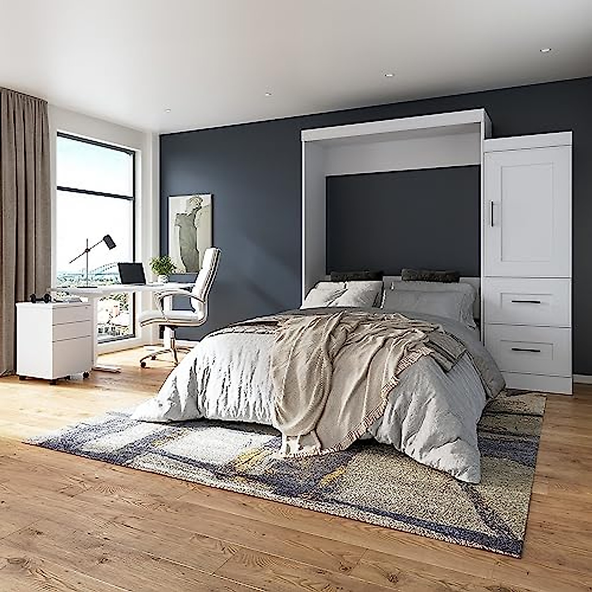 Bestar Edge Queen Murphy Bed and Wardrobe with Drawers in White, Space-Saving Wall Bed with Storage for Guest Room