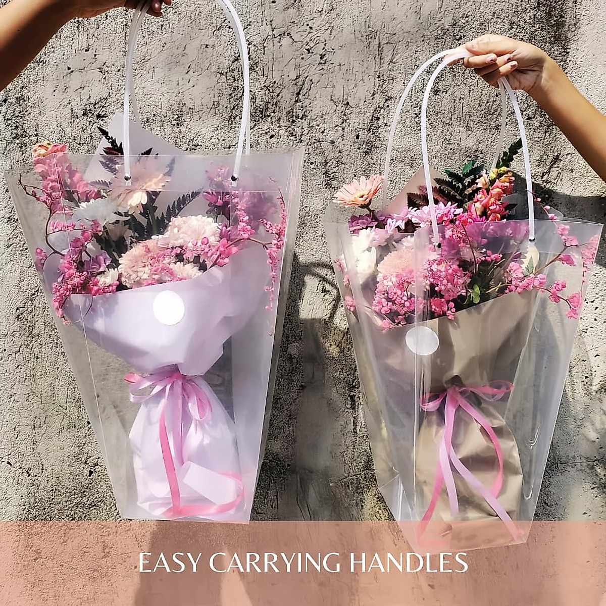 BBC Clear Flower Bouquet Bags with Handle Florist Shop Packaging Supplies, 5 Pcs (7.9 * 7 * 4 inch)