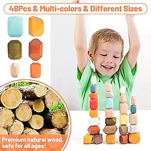 48 Pcs Wooden Stacking Stones- Building Sorting Rocks Balancing Wooden Blocks Preschool Educational Learning Toy for Kids Toddlers 3 4 5 6 Years Old