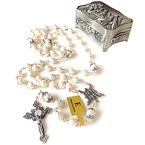 elegantmedical Handmade Sterling Silver White Pearl Beads Catholic Rosary Necklace Cross Crucifix Gift Box
