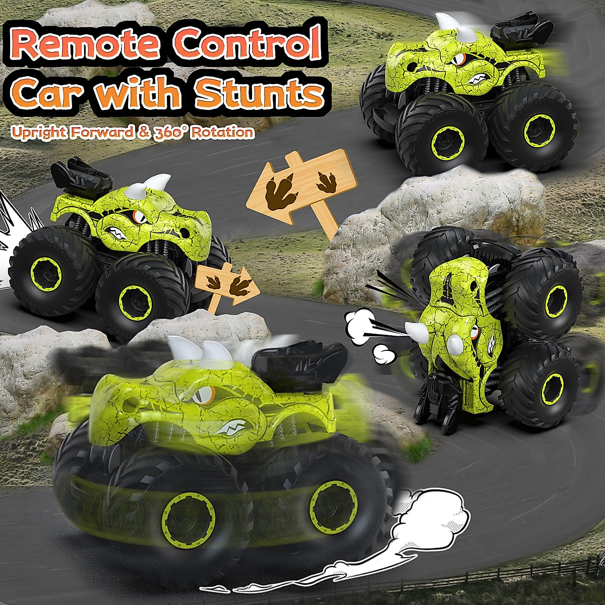 ScharkSpark Dinosaur Remote Control Car, 2.4GHz Monster Trucks for Boys Girls with Light, Sound & Spray, Dinosaur Toys Gift for Kids 3 4 5 6 7 8, All Terrain RC Cars for Toddlers with 2 Batteries
