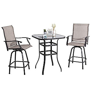Shintenchi 3 Pieces Patio Swivel Bar Set, All Weather Textile Fabric Outdoor High Bar Stool Bistro Set with 2 Bar Chairs and Glass Table for Home, Backyard, Garden, Lawn, Porch (Brown)