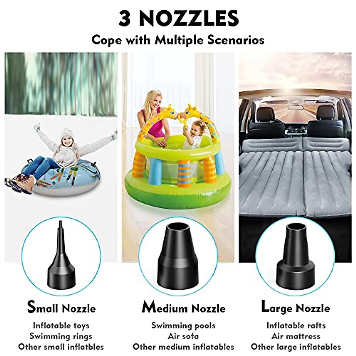 Electric Air Pump, FUNAVO Portable Air Pump With 3 Nozzles, 130 W Quick-fill Electric Pump, Inflate/Deflate Air Pumps for Inflatable Swimming Pools, Air Mattress, Boats, Swimming Ring (110 V AC 60 Hz)