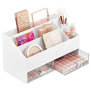 mDesign Plastic Makeup Storage Organizer with 2 Drawers and 5 Divided Sections for Bathroom, Vanity, Cabinet, Countertops - Storage for Cosmetics, Brushes, Blush - Lumiere Collection - White/Clear