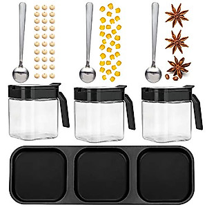 Mlici Condiment Jar Spice Container with Lids and Spoons, 8oz Clear Glass Condiment Canisters Pots Seasoning Box Salt Container Sugar Bowl Set of 3 for Kitchen, Counter, Food Storage