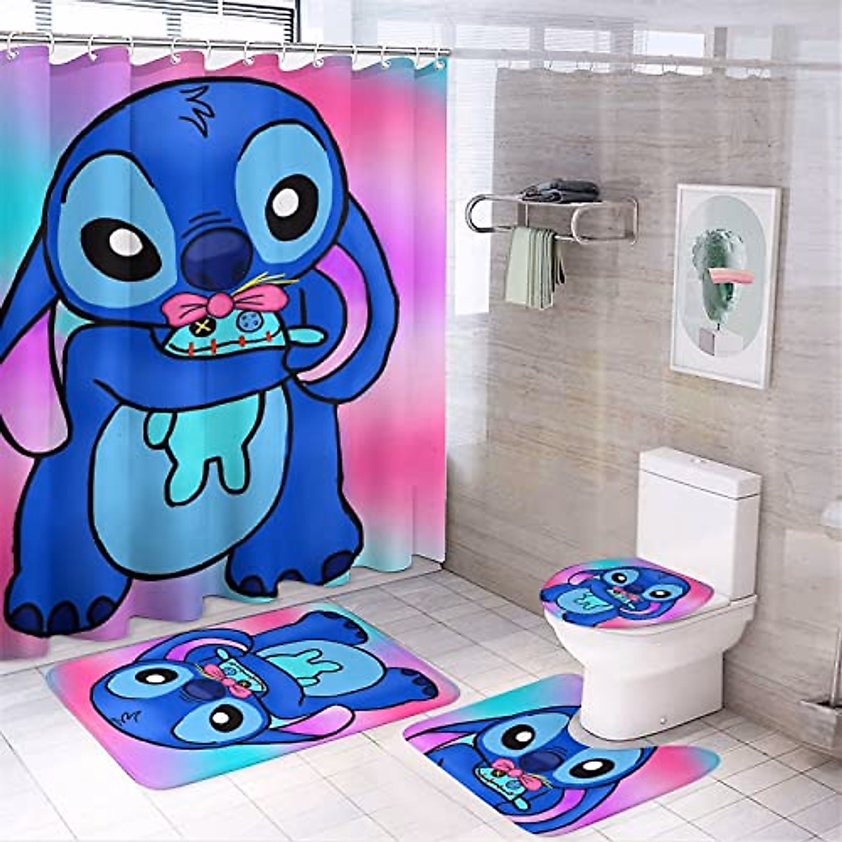 fmsnupz Cartoon Shower Curtain 4PCS Set, Cute Bathroom Decor with Non-Slip Rugs, Toilet Lid Cover and Bath Mat, Waterproof Fabric Shower Curtains with 12 Hooks, 70.8"x70.8"