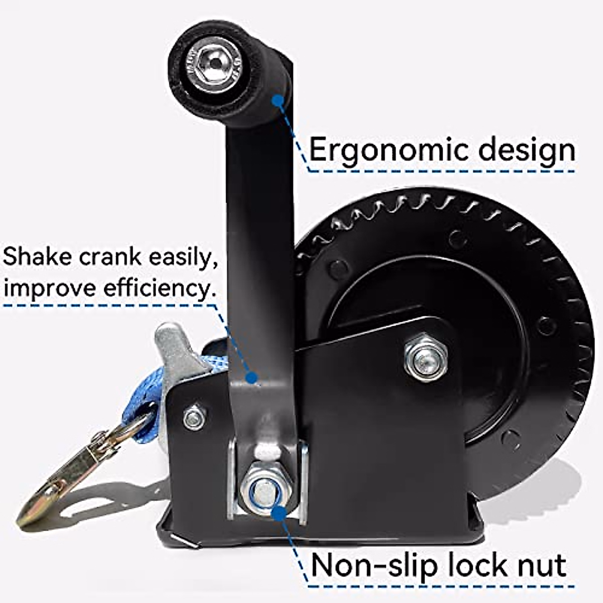AKRIXKIP Boat Trailer Winch 1600LBS Hand Winch with 26ft Blue Winch Strap, 4:1 Gear Portable Winch with Hook, 2 Way Ratchet Manual Winch for Jet Ski Boat Towing Pulley Drag Winch